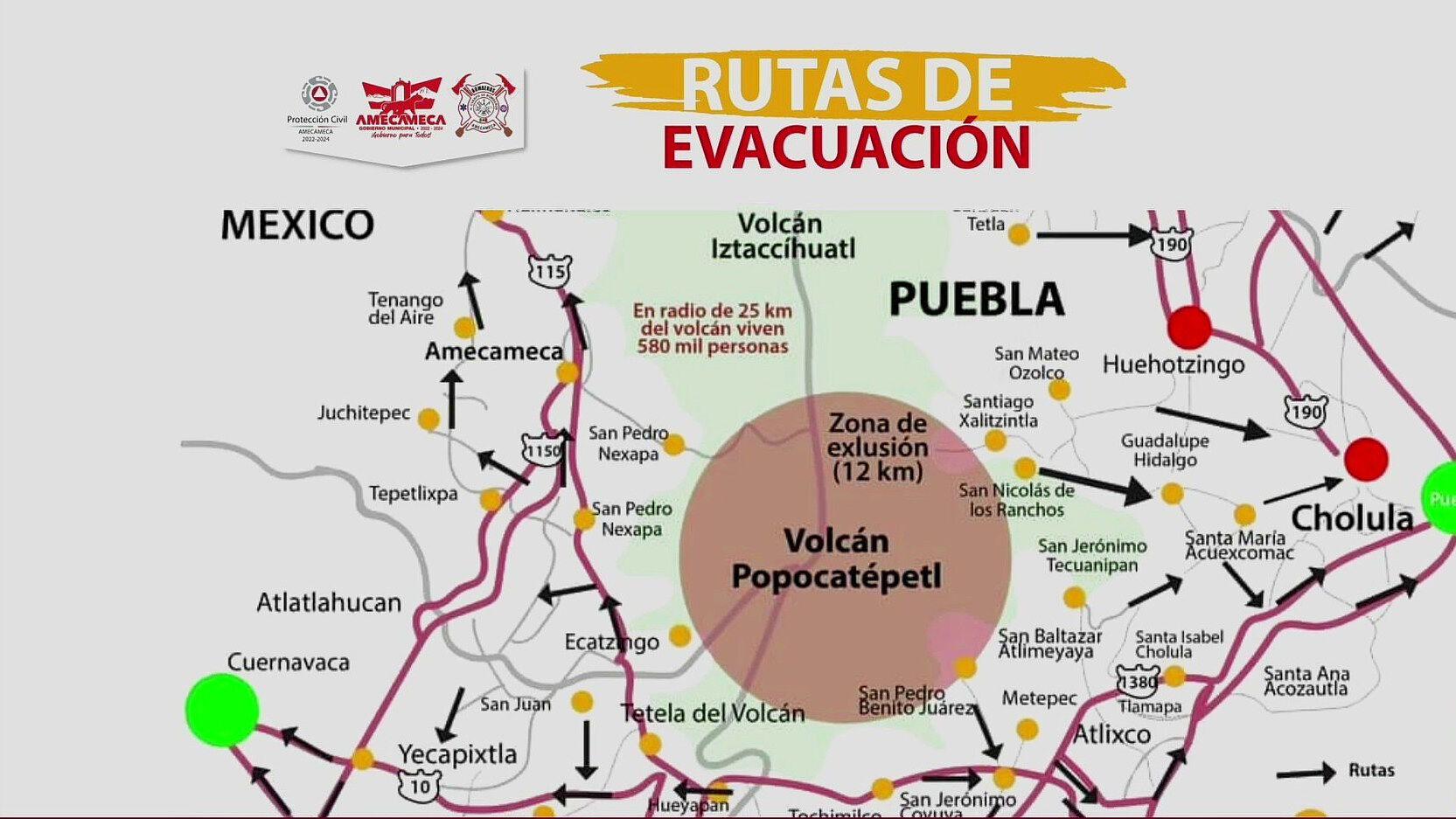 Mapa de Rutas de Evacuación Alrededor del Popocatépetl | N+